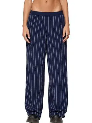 EDIKTED Pinstripe Wide Leg Pants - Navy