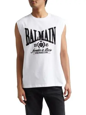 Balmain 1945 Logo Graphic Muscle Tee - Gab Blk/white