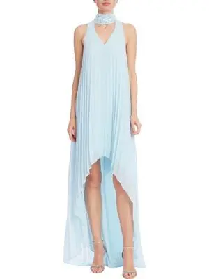 Badgley Mischka Pleated Chiffon High-low Gown - Light Blue