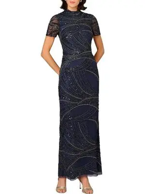 Aidan Mattox Beaded Short Sleeve Gown - Navy