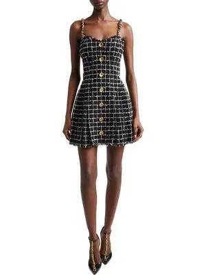 Balmain Chain Strap Check Tweed Fit & Flare Mini Dress - Eab Blk/white