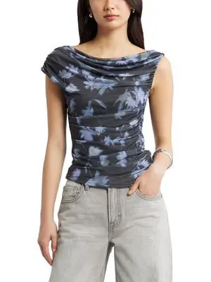 OPEN EDIT Cap Sleeve Mesh Top - Blue Falling Floral