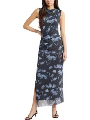 OPEN EDIT Mesh Body-con Maxi Dress - Blue Falling Floral