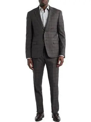 Emporio Armani Grey Windowpane Check Virgin Wool Suit - Solid Dark Grey