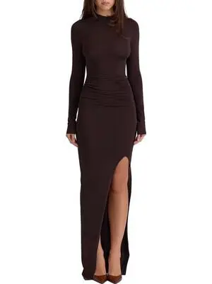 House Of Cb Anais Long Sleeve Knit Gown - Chocolate