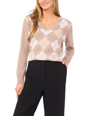 Halogen Argyle V-neck Sweater - Simply Taupe