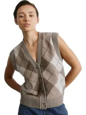 ALBARAY Argyle V-neck Knit Tank Top - Brown