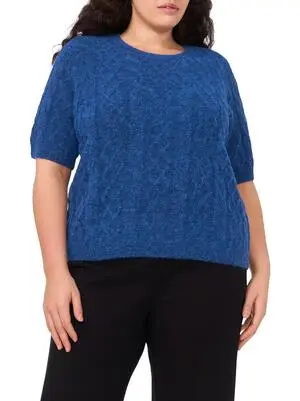 Halogen Fuzzy Cable Stitch Short Sleeve Crewneck Sweater - Mountain Blue