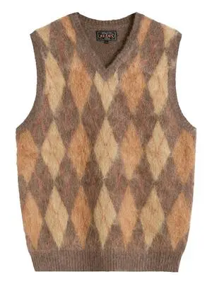 BEAMS Mohair Argyle Knit Vest - Brown