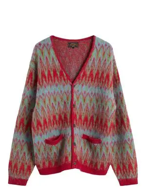 BEAMS Jacquard Chevron Cardigan - Red