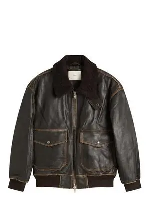 DUNST Shearling Collar Leather Jacket - Brushed Brown