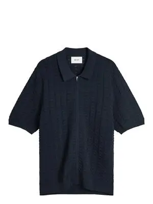 Nn07 Gustav Pointelle Stitch Zip Polo - Navy Blue