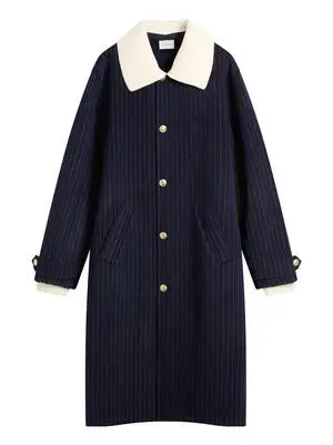 Drole De Monsieur Pinstripe Coat With Detachable Collar - Dark Navy