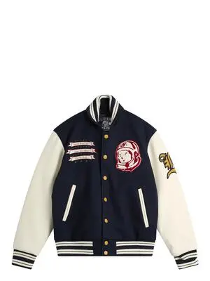 BILLIONAIRE BOYS CLUB Fanfare Script Logo Varsity Jacket - Navy/cream