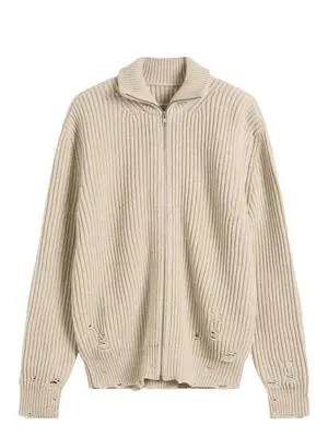 MAISON MARGIELA Distressed Ribbed Zip-up Cardigan - Beige Melange