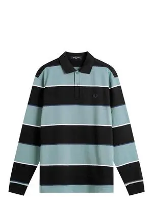 Fred Perry Heavyweight Striped Long Sleeve Polo Shirt - Black