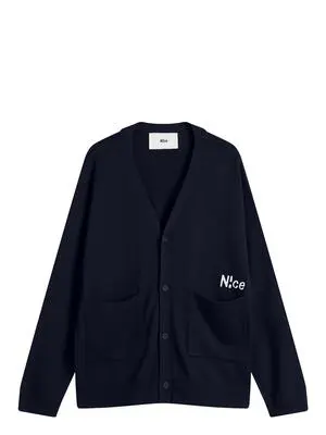 N!CE Embroidered Logo Knit Cardigan - Navy