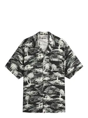 A BATHING APE Palm Tree Camo Open Collar Pocket Ss Shirt - Black