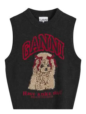 GANNI Graphic Wool Vest - Black Sand