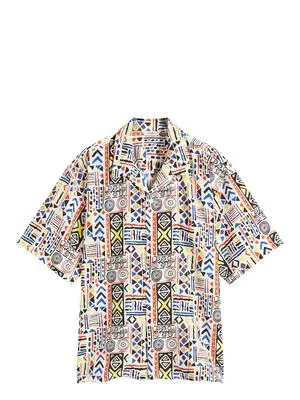 BEAMS Print Loose Open Collar Shirt - White