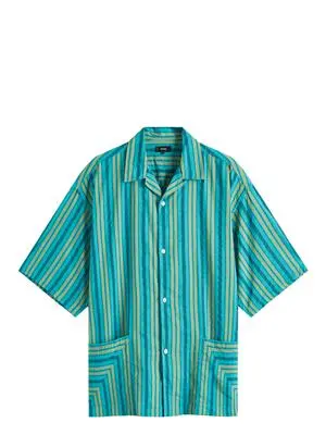 BEAMS Stripe Open Collar Shirt - Teal