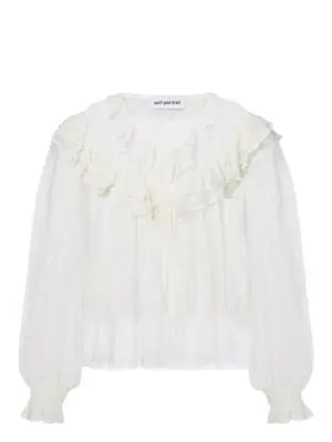 SELF-PORTRAIT Gathered Georgette And Lace Blouse - White