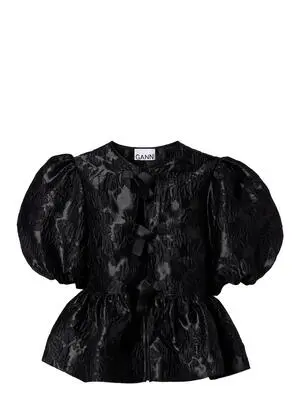 GANNI Bow-detail Floral Peplum Satin Blouse - Black