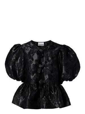 GANNI Bow-detail Floral Peplum Satin Blouse - Black