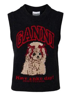 GANNI Printed Wool-blend Vest - Black