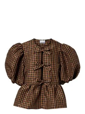 GANNI Bow-detail Checked Peplum Blouse - Brown