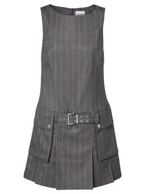 GANNI Belted Pinstripe Minidress - Grey
