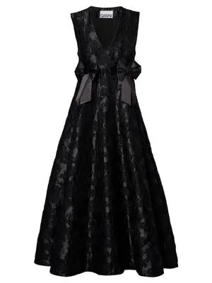 GANNI Floral Satin Cloque Midi Dress With Bow Detail - Black