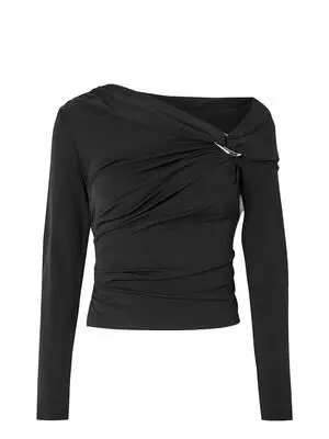 Veronica Beard Lozea Asymmetric Embellished Stretch-mesh Top - Black