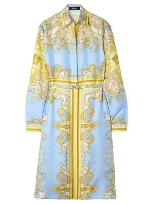 Versace Belted Printed Silk-twill Dress - Blue