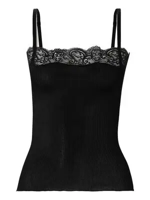 Saint Laurent Scalloped Lace-trimmed Ribbed Silk-jersey Tank - Black