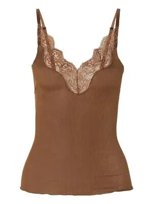 Saint Laurent Lace-trimmed Ribbed Tank - Brown