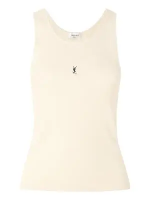 Saint Laurent Cassandre Embroidered Ribbed Tank - Neutrals