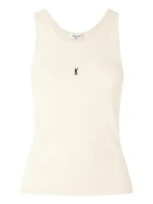 Saint Laurent Cassandre Embroidered Ribbed Tank Neutrals