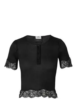 Saint Laurent Scalloped Lace-trimmed Ribbed Henley Top - Black