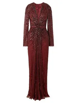 Jenny Packham Nina Gathered Embellished Tulle Gown - Burgundy