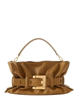 Balmain Anthem Buckled Ostrich-Effect Leather Shoulder Bag Brown