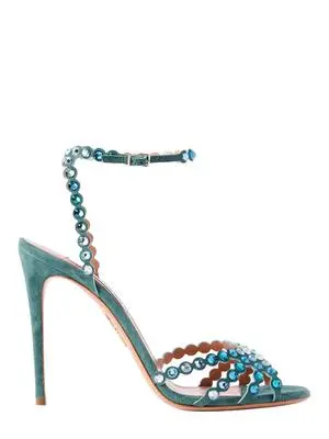 AQUAZZURA Tequila 105 Crystal-Embellished Leather Sandals Turquoise