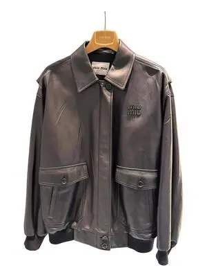 Miu Miu Leather Aviator Jacket - Black