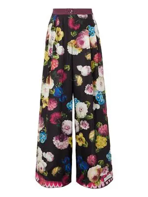 Dolce & Gabbana Floral-print Silk-twill Wide-leg Pants - Black
