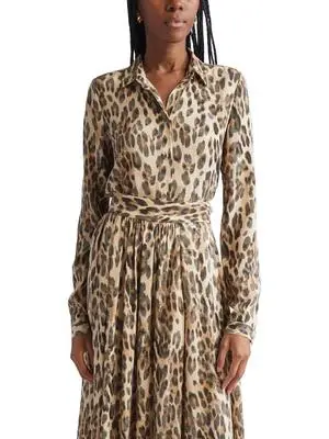 St. John Leopard Print Silk Georgette Shirt - Brlt Bronze Latte Multi