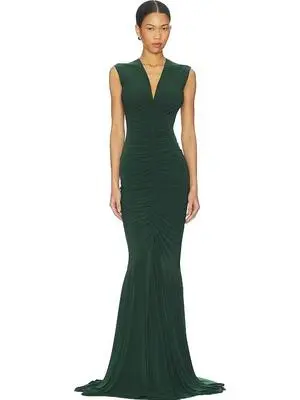 Norma Kamali Sleeveless Deep V Neck Shirred Fishtail Gown - Emerald
