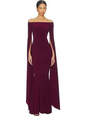 Norma Kamali Off Shoulder Ribbon Sleeve Fishtail Gown - Plum