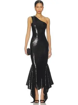 SKETCH-Y Sequin One Shoulder Fishtail Hem Dress - Black Sequin