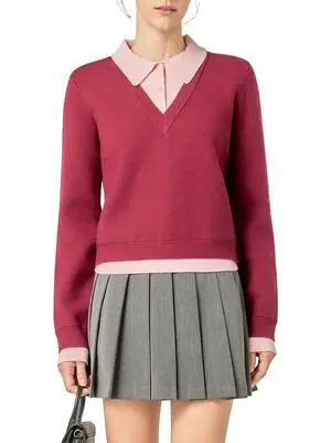 English Factory Layered Collar V-neck Sweater - Burgundy/pink