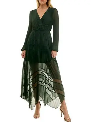 SOCIALITE Long Sleeve Lace Inset Pleated Chiffon Dress - Deep Hunter